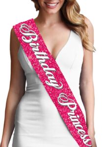 hot pink birthday party supplies - flourish birthday princess sash - birthday party decorations - hot pink sparkle sash(bdy prnc) hpk/sprk