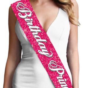 Hot Pink Birthday Party Supplies - Flourish Birthday Princess Sash - Birthday Party Decorations - Hot Pink Sparkle Sash(Bdy Prnc) HPK/Sprk