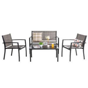 Shintenchi 4 Pieces Patio Furniture Set All Weather Textile Fabric Outdoor Conversation Set, with Glass Coffee Table, Loveseat, 2 Single Chairs for Home, Garden, Lawn, Porch (Brown）