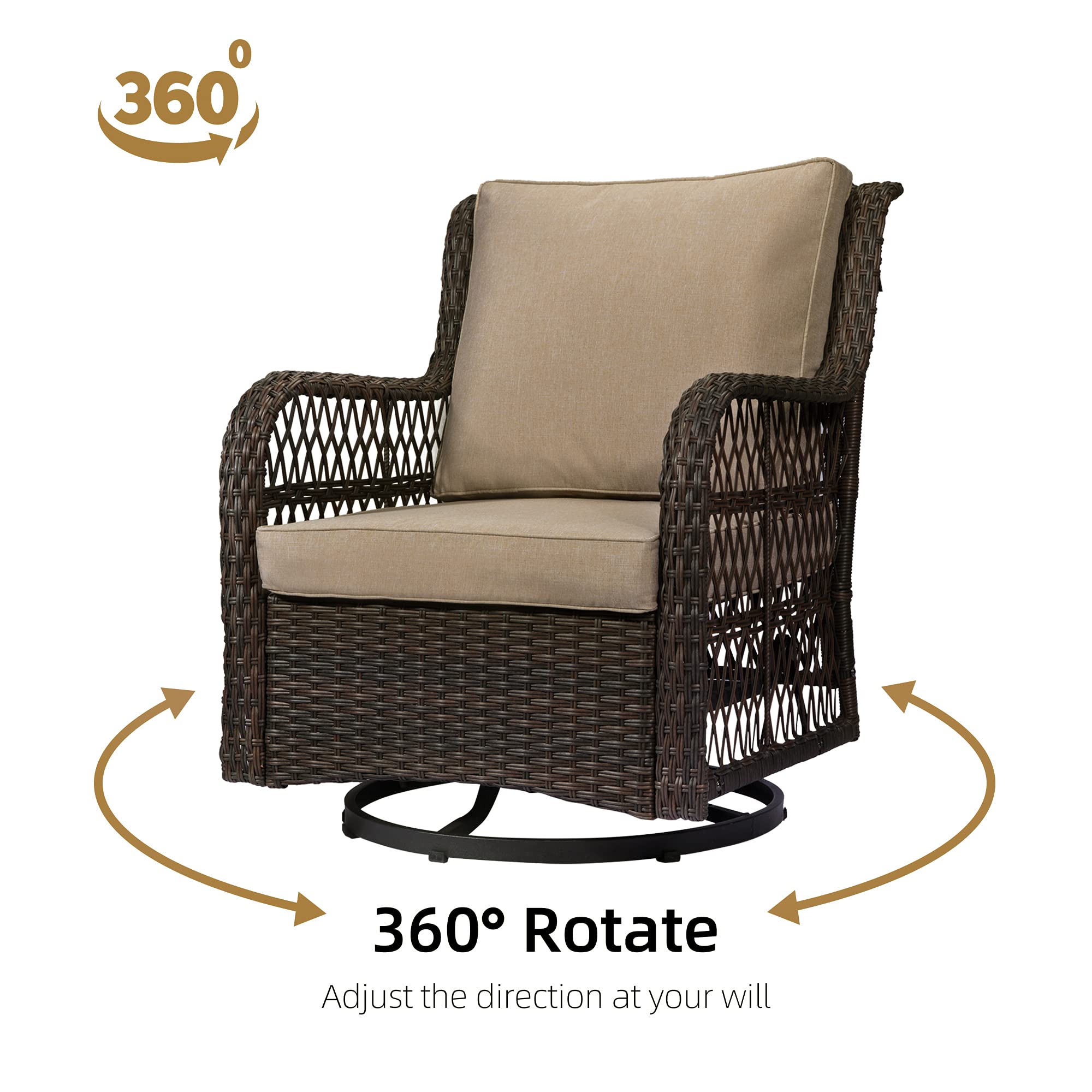 3 Pieces Outdoor Wicker Swivel Rocker Patio Set, IDEALHOUSE 360 Degree Swivel Rocking Chairs Elegant Wicker Patio Bistro Set with Premium Cushions and Armored Glass Top Side Table for Backyard (Beige)