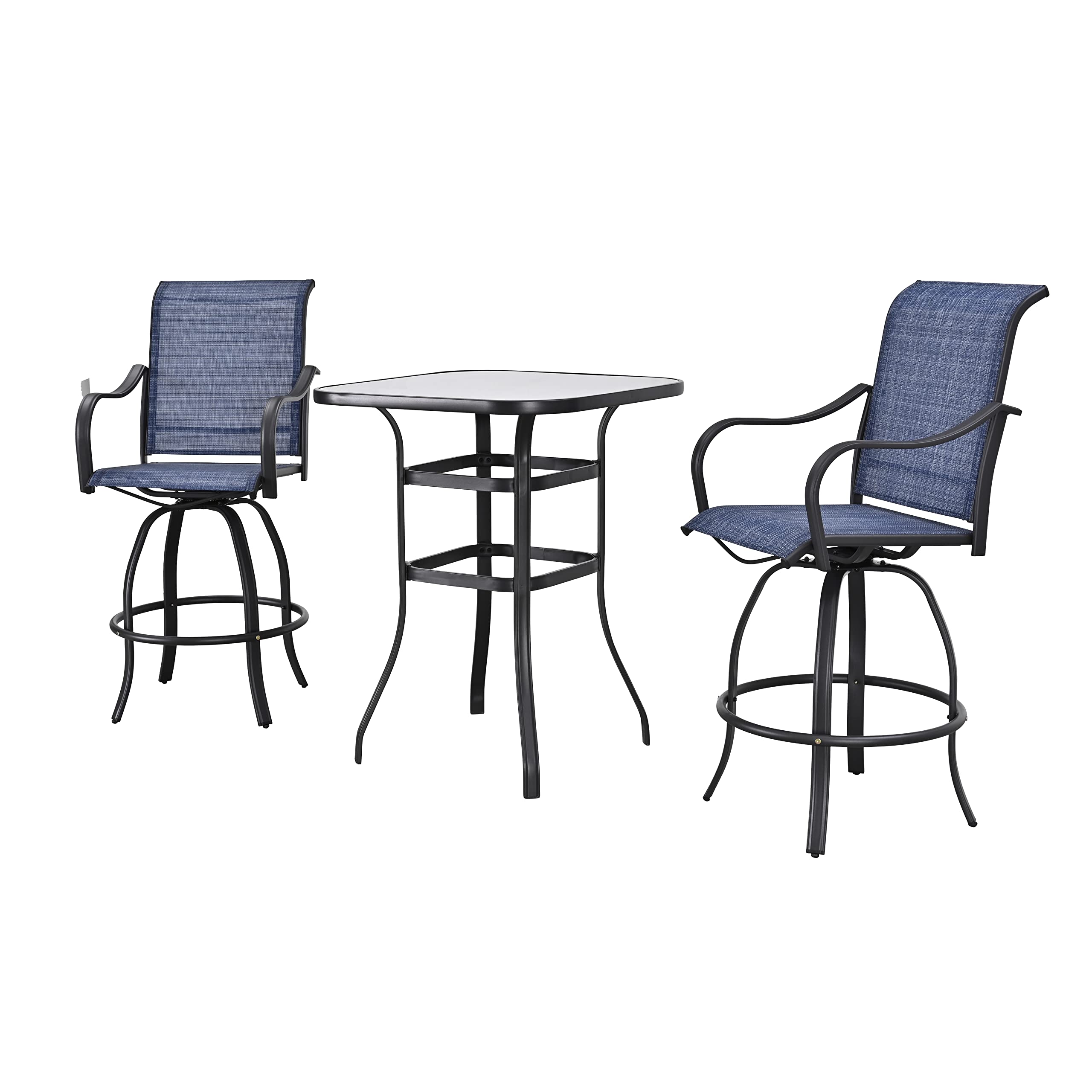 LOKATSE HOME Bar Stools 2 High Swivel 1 Height Outdoor Bistro Table, Patio Furniture, Blue Tesling Fabric, 3 Pcs Chair Set