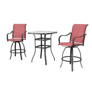 LOKATSE HOME Bar Height Bistro Patio Table Piece High Top with Swivel Outdoor Furniture Suitable for Backyard and Garden Red, Tesling, 3 Pcs Chair Set