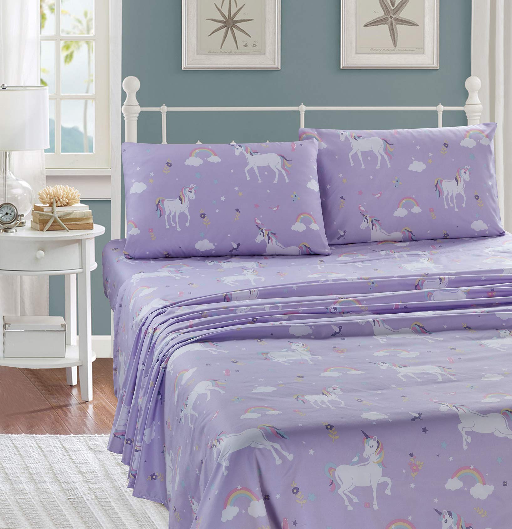 Linen Plus Sheet Set Kids/Teens Unicorn Bird Star Flower Cloud Lilac Purple Pink Yellow White New # Lilac Unicorn (Twin)