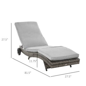 Outsunny Wicker Chaise Lounge Pool Chair, Outdoor PE Rattan Cushioned Patio Sun Lounger w/ 5-Level Adjustable Backrest & Wheels for Easy Movement, Mixed Gray