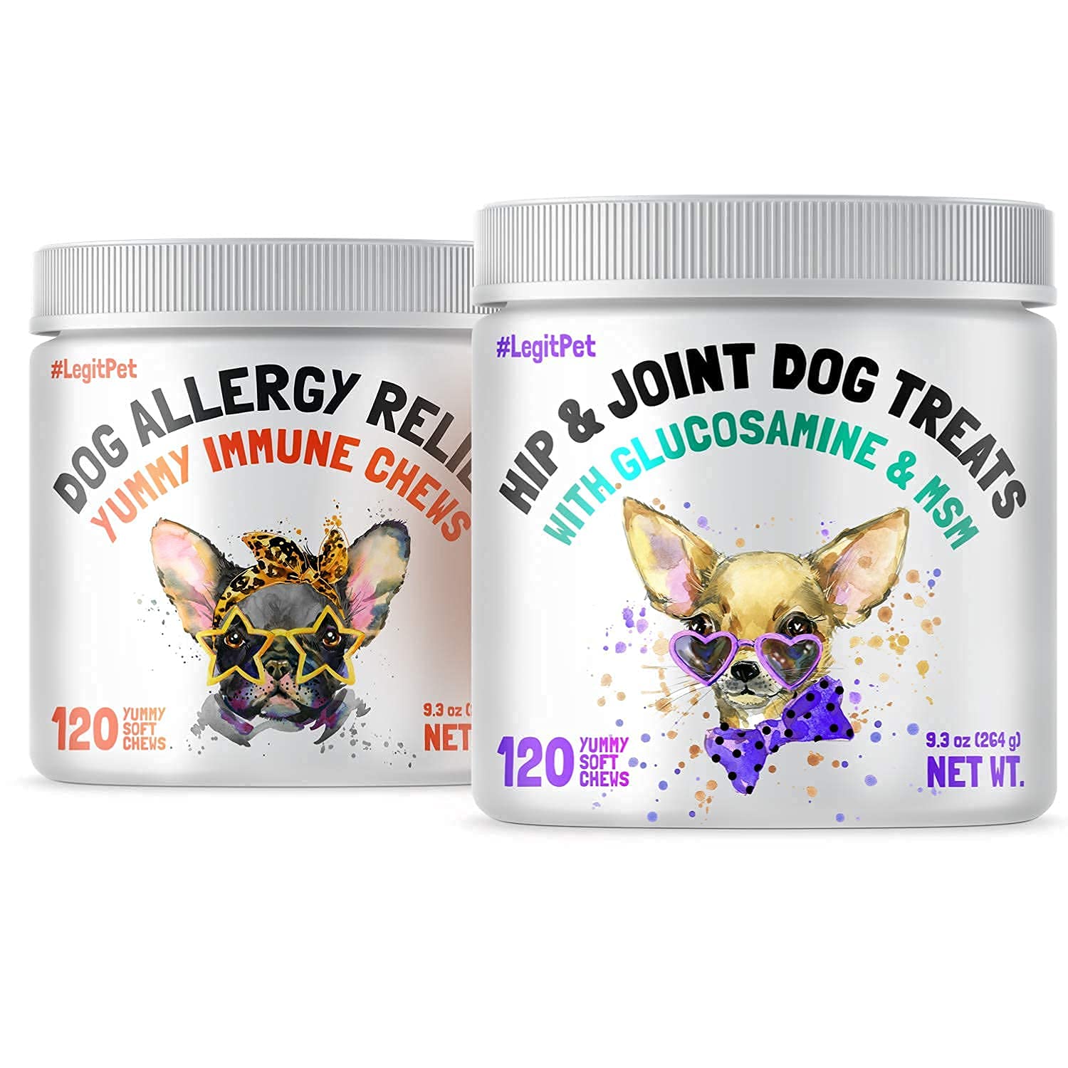 LEGITPET Allergy Relief Chews for Dogs & Immune Support with Kelp, Colostrum & Bee Pollen 120 Soft Chews and Hemp Hip & Joint Supplement for Dogs 120 Soft Chews Bundle - Made in USA