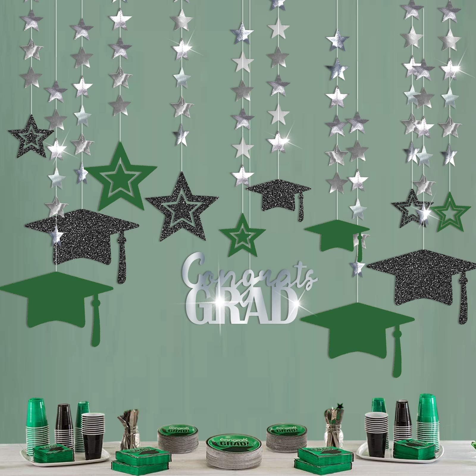 Cheerland Green Graduation Party Decoration Kit Black Cap Decor Shiny Congrats Grad Banner Star Hat Garland Hanging Streamer Banner Backdrop Background for Ceiling Home Classroom