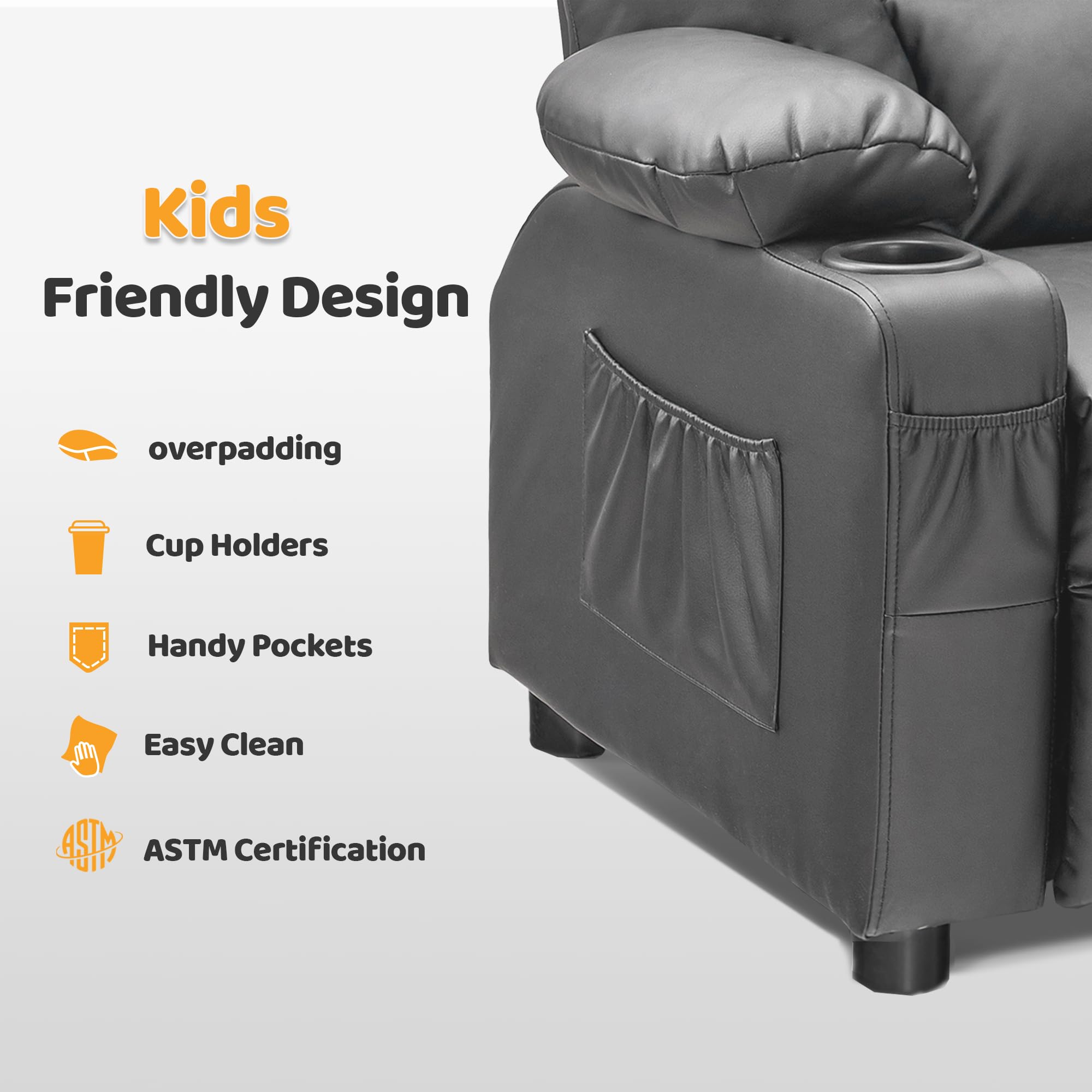 MCombo Big Kids Recliner for Ages 3+, Child Recliner Chair, Toddlers Recliner Sofa with Cup Holders, Faux Leather, 7322(Dark Grey)