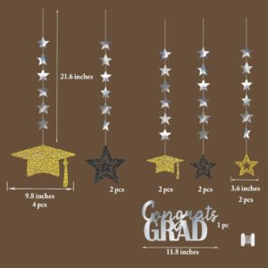 Cheerland Gold Silver Black Graduation Party Decoration Kit Black Cap Decor Shiny Congrats Grad Banner Star Hat Garland Streamer Banner Backdrop Photo Booth Background for Ceiling Home Classroom