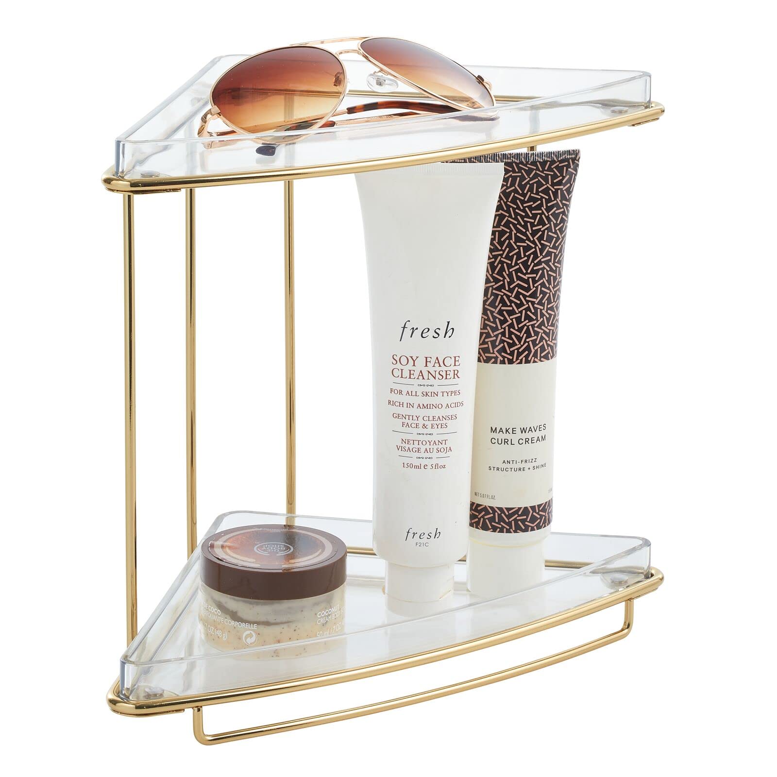 mDesign Steel/Plastic Freestanding Countertop Corner Shelf Organizer with 2-Tier Storage for Bathroom, Vanity, Cabinet, Counter - Holds Makeup, Bath Gel - Prism Collection - Clear/Soft Brass