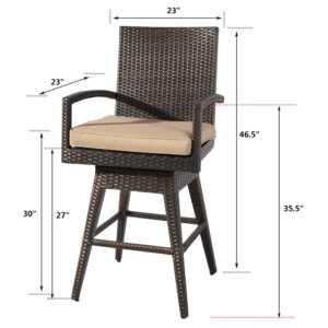 Patio Tree Outdoor Swivel Bar Stools, Patio Wicker Bar Height Chair with Arms and Cushion, All-Weather Outdoor Rattan Furniture (1 Pack)