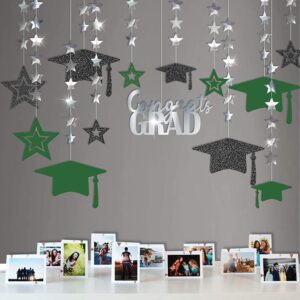 Cheerland Green Graduation Party Decoration Kit Black Cap Decor Shiny Congrats Grad Banner Star Hat Garland Hanging Streamer Banner Backdrop Background for Ceiling Home Classroom