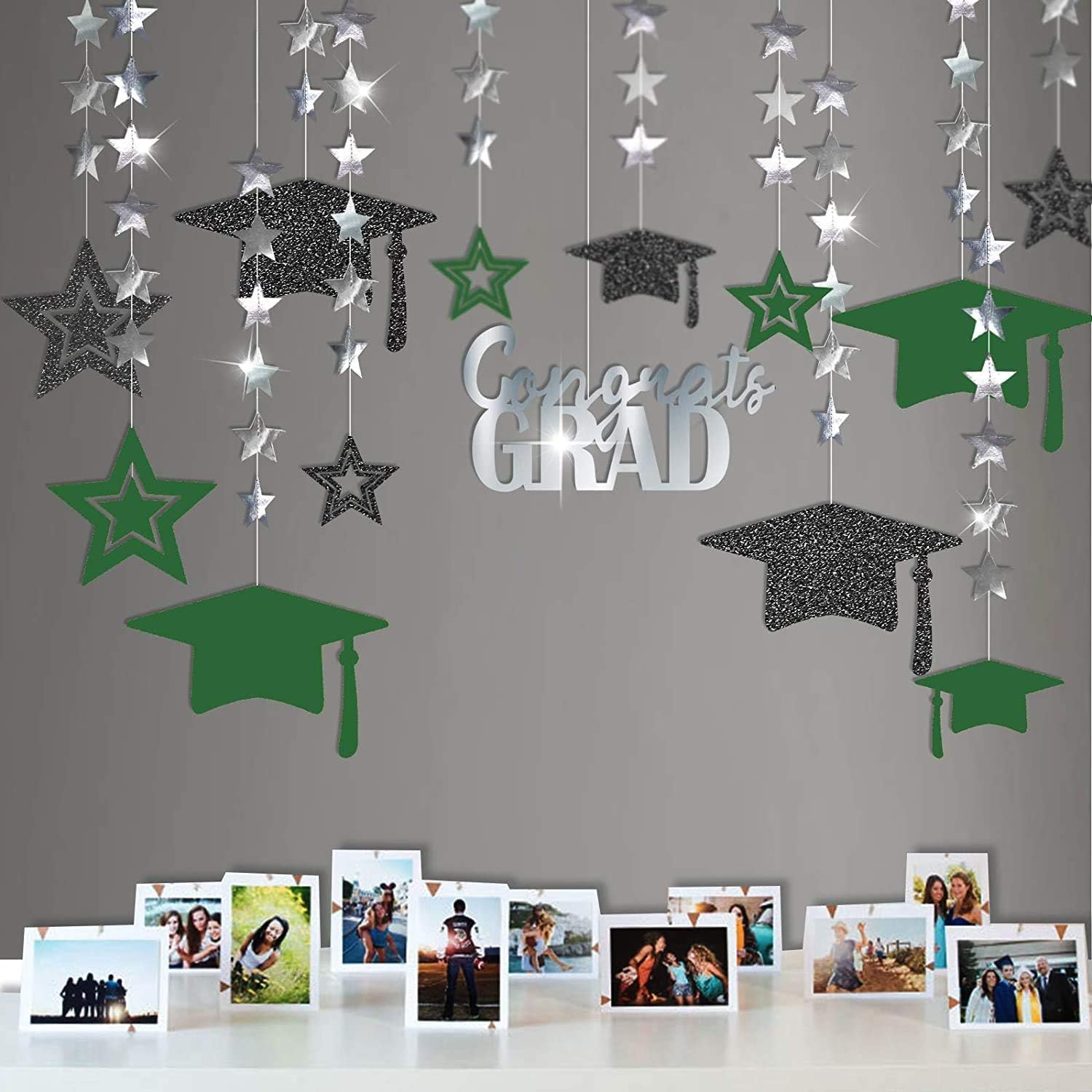 Cheerland Green Graduation Party Decoration Kit Black Cap Decor Shiny Congrats Grad Banner Star Hat Garland Hanging Streamer Banner Backdrop Background for Ceiling Home Classroom