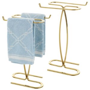 mdesign decorative modern metal fingertip, hand towel holder stand - for bathroom vanity countertops to display and store small guest towels - 2-sided, 14" high - 2 pack - soft brass