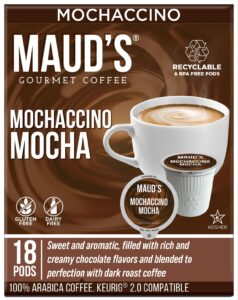 maud's chocolate mocha cappuccino coffee pods, 18 ct | mochaccino mocha flavor | 100% arabica coffee | solar energy produced recyclable pods compatible with keurig k cups maker