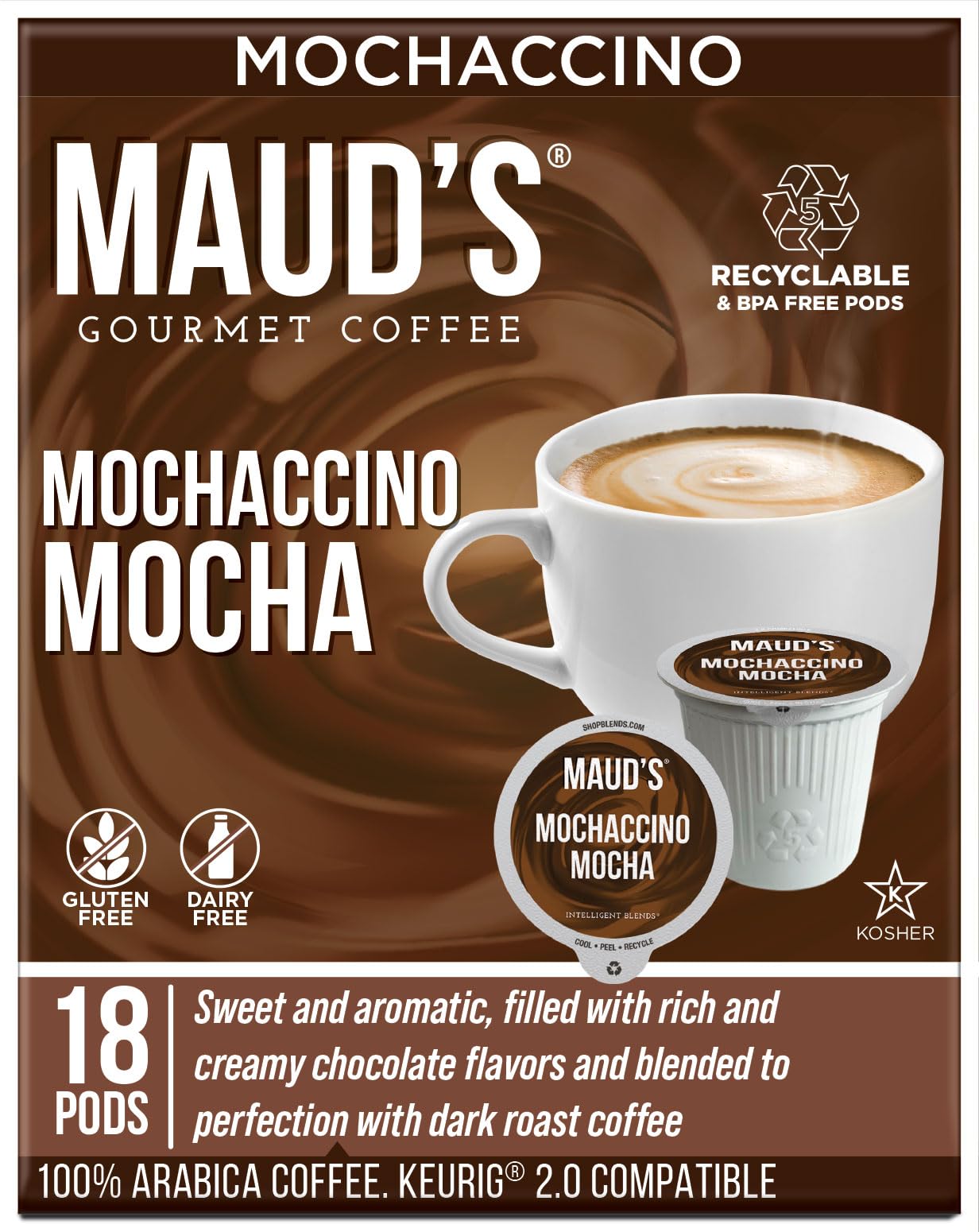 Maud's Chocolate Mocha Cappuccino Coffee Pods, 18 ct | Mochaccino Mocha Flavor | 100% Arabica Coffee | Solar Energy Produced Recyclable Pods Compatible with Keurig K Cups Maker