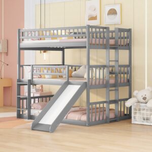 triple bunk bed with slide, full over full over full bunk bed convertible triple beds for kids/teens/adults, gray