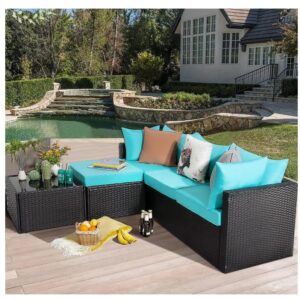 PRETZI 5 Pieces Patio Furniture Sets, Outdoor Sectional Sofa, All Weather Rattan Wicker Couch with Glass Table, Patio Conversation Set for Porch Backyard Garden Pool Deck Balcony