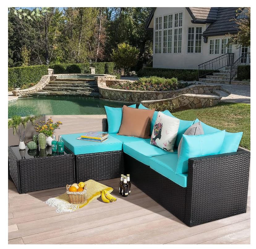 PRETZI 5 Pieces Patio Furniture Sets, Outdoor Sectional Sofa, All Weather Rattan Wicker Couch with Glass Table, Patio Conversation Set for Porch Backyard Garden Pool Deck Balcony