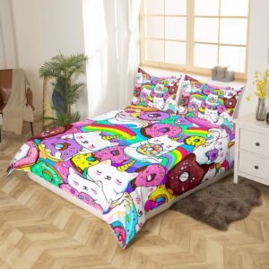 Feelyou Girls Unicorn Bedding Set for Kids Children Cute Dreamy Cat Print Comforter Cover Decorative Magical Kitten Animal Duvet Cover Cartoon Donuts Bedspread Cover Twin Size 2Pcs Bedclothes