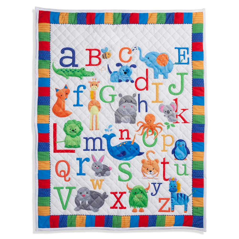 Personalized Planet Primary Color Boy's ABC Quilt with Custom Name Embroidered in Blue Thread on Rectangular Blanket with Alphabet Letters and Cartoon Animals, 31x40