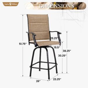 Sophia & William Outdoor Bar Stools Set of 4 with Padding, Swivel Bar Chairs, Tall Patio Chairs, Outdoor High Top Chairs, Supports 300 lbs (Brown Fabric)