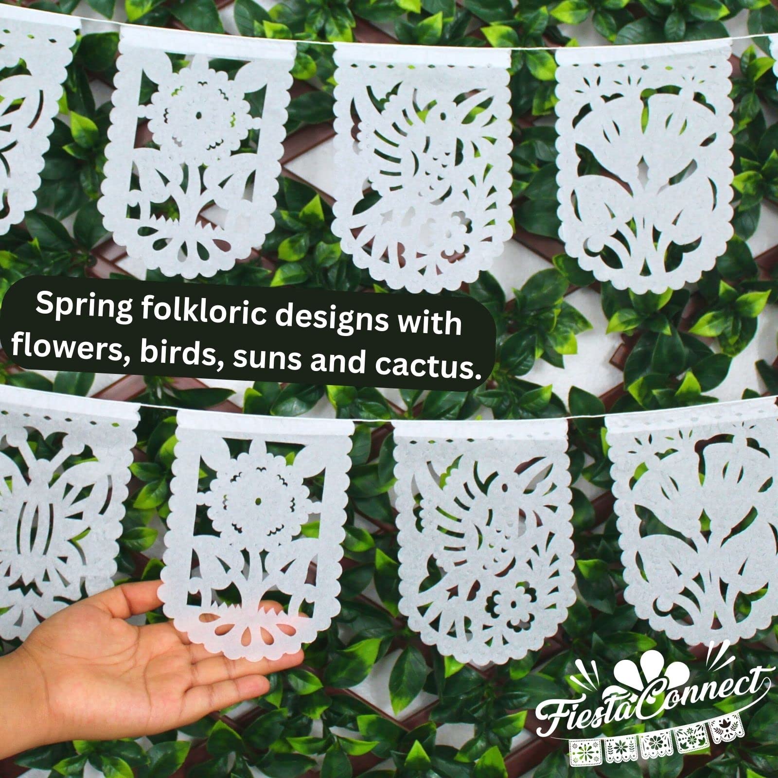 Mini white banners, 5 Pack Papel Picado Mini flag garlands, Fiesta decoration, Cinco de Mayo, Mexican Wedding, Taco Tuesday Features butterflies, flowers, suns and cactus.