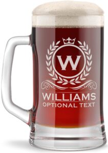 personalized custom beer mug glass cup, engraved etched monogram 16 oz classic brew mug gift for dad drinker