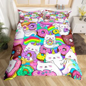 feelyou girls unicorn bedding set for kids children cute dreamy cat print comforter cover decorative magical kitten animal duvet cover cartoon donuts bedspread cover twin size 2pcs bedclothes