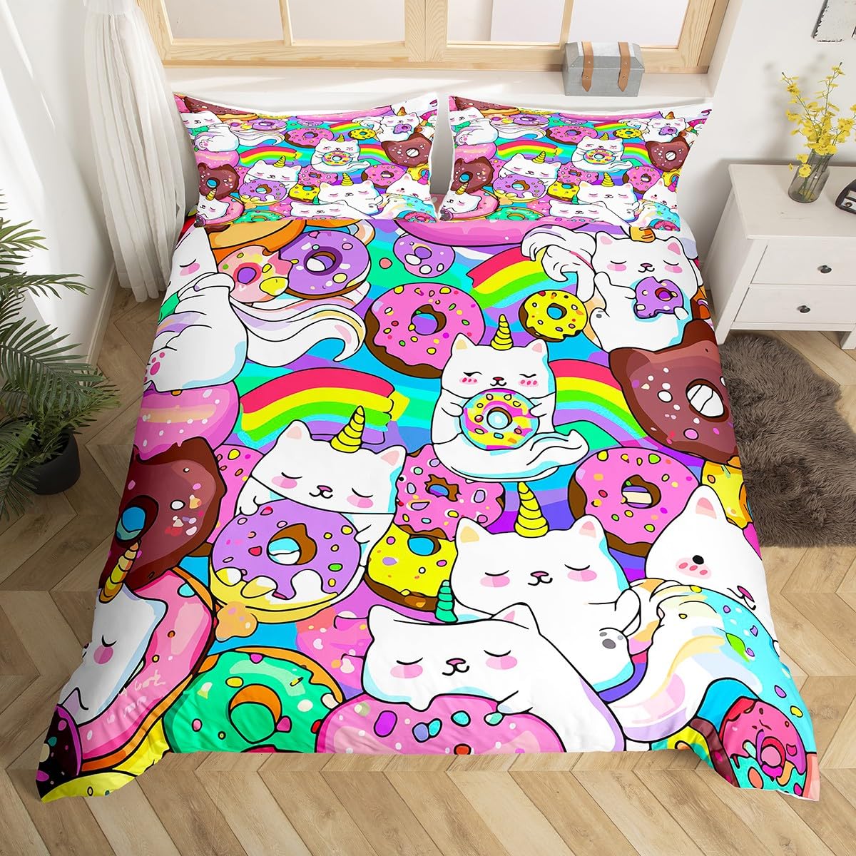 Feelyou Girls Unicorn Bedding Set for Kids Children Cute Dreamy Cat Print Comforter Cover Decorative Magical Kitten Animal Duvet Cover Cartoon Donuts Bedspread Cover Twin Size 2Pcs Bedclothes