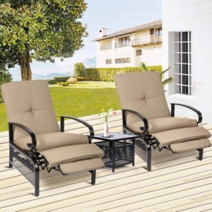 Crownland 3-Piece Outdoor Lounge Chairs Set, Adjustable Reclining Patio Chairs and Umbrella Bistro Table Set, Metal Furniture Set with Water Resistant Cushions(Brown)