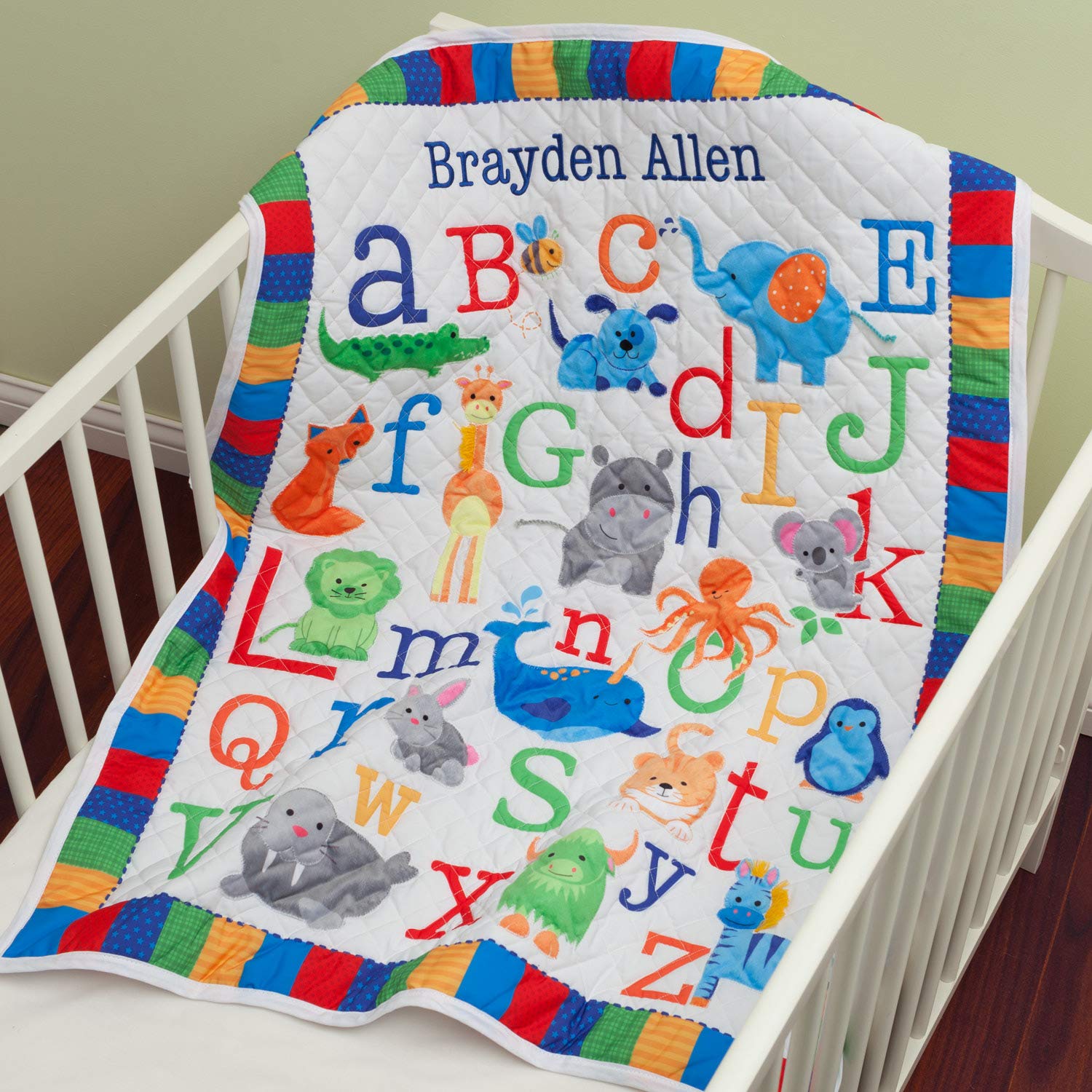 Personalized Planet Primary Color Boy's ABC Quilt with Custom Name Embroidered in Blue Thread on Rectangular Blanket with Alphabet Letters and Cartoon Animals, 31x40