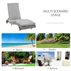 Outsunny Wicker Chaise Lounge Pool Chair, Outdoor PE Rattan Cushioned Patio Sun Lounger w/ 5-Level Adjustable Backrest & Wheels for Easy Movement, Mixed Gray