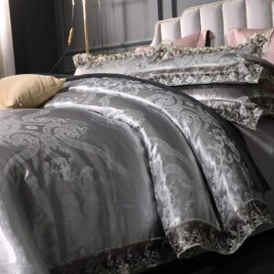 Beyeutao Jacquard Queen Size Duvet Cover Elegant Gray Bedding Set Lace Satin Duvet Set 3 Piece Duvet Cover Pillowcases.(Gray, Queen)