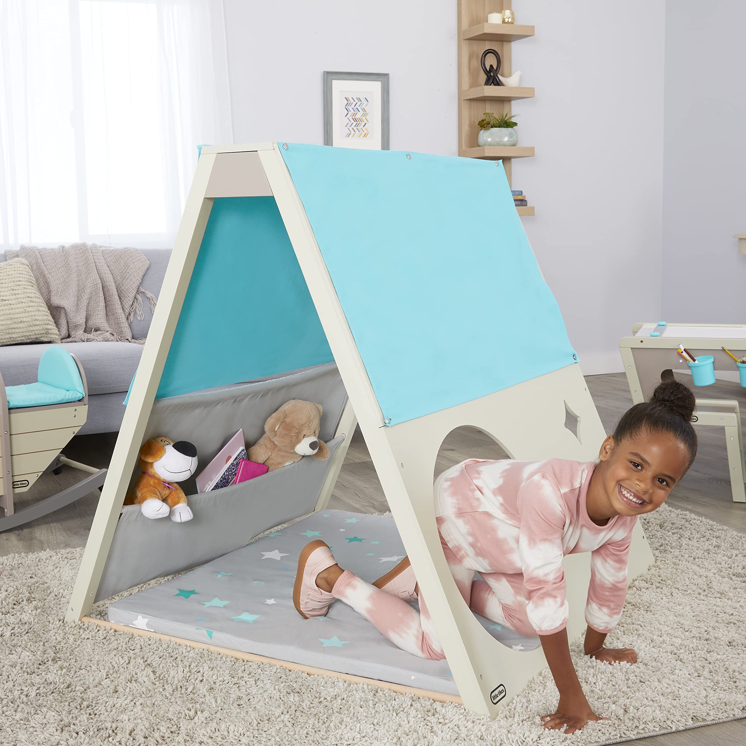 Little Tikes Starry Night Reading Nook Indoor Furniture Includes Starlight Projector, Cushioned Mat, Book Storage, Modern White/Light Blue Wooden Play Space- Great Gift for Readers, Kids Ages 3+