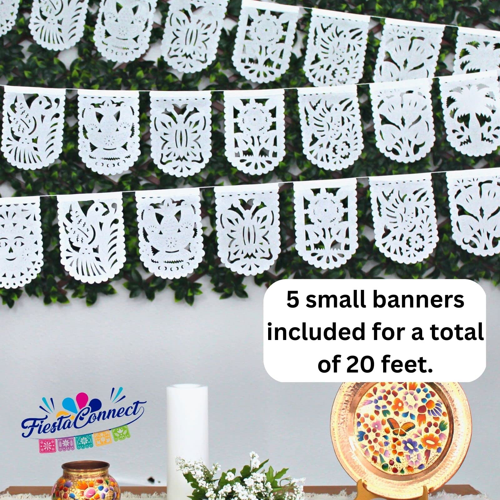 Mini white banners, 5 Pack Papel Picado Mini flag garlands, Fiesta decoration, Cinco de Mayo, Mexican Wedding, Taco Tuesday Features butterflies, flowers, suns and cactus.