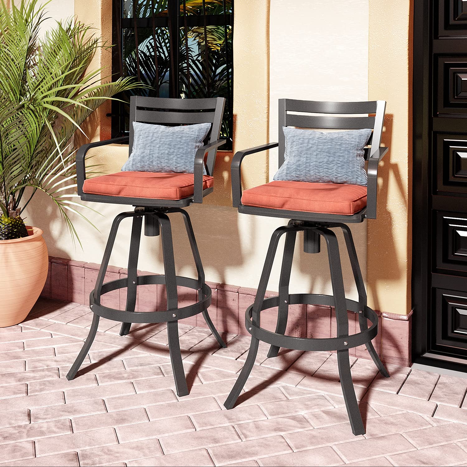 Pellebant Outdoor Bar Stools Set of 2 - Aluminum Swivel Barstools with Sunbrella Cushion, Cast Aluminum Patio High Chair Bistro Set (Red)