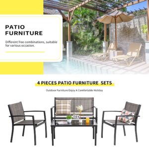 Shintenchi 4 Pieces Patio Furniture Set All Weather Textile Fabric Outdoor Conversation Set, with Glass Coffee Table, Loveseat, 2 Single Chairs for Home, Garden, Lawn, Porch (Brown）