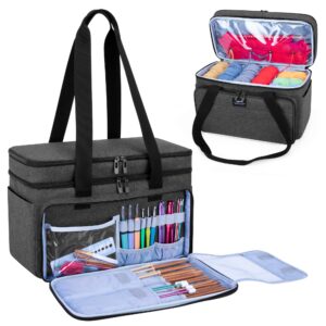 curmio double-layer knitting tote bag, yarn storage bag with compartments for crochet hooks, knitting needles (up to 14 inches), knitting project and accessories, black (bag only, patented design)