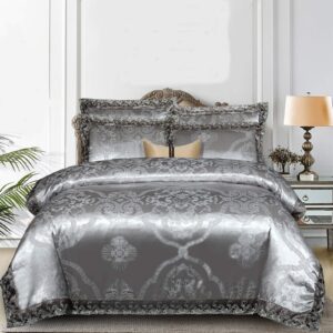 beyeutao jacquard queen size duvet cover elegant gray bedding set lace satin duvet set 3 piece duvet cover pillowcases.(gray, queen)