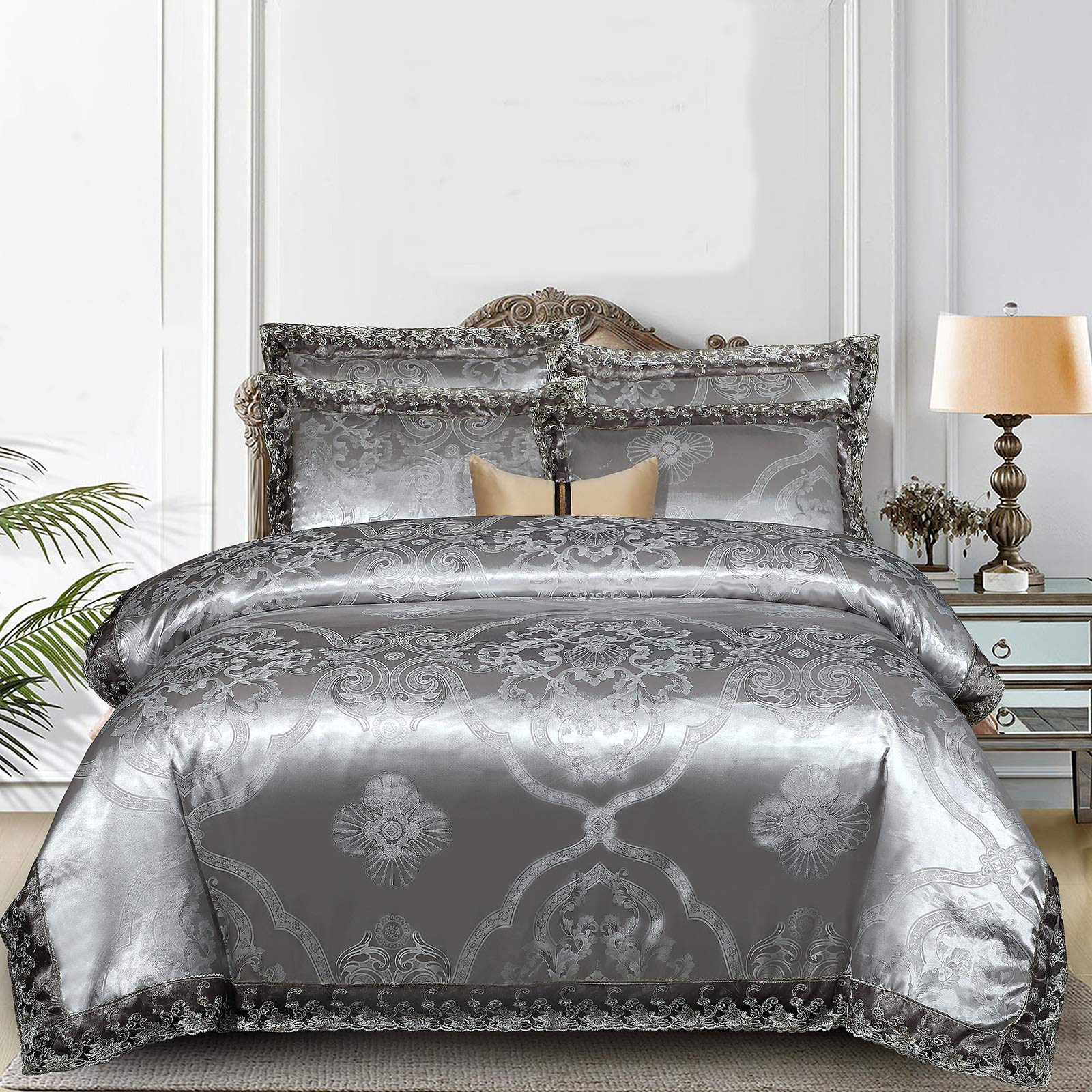 Beyeutao Jacquard Queen Size Duvet Cover Elegant Gray Bedding Set Lace Satin Duvet Set 3 Piece Duvet Cover Pillowcases.(Gray, Queen)