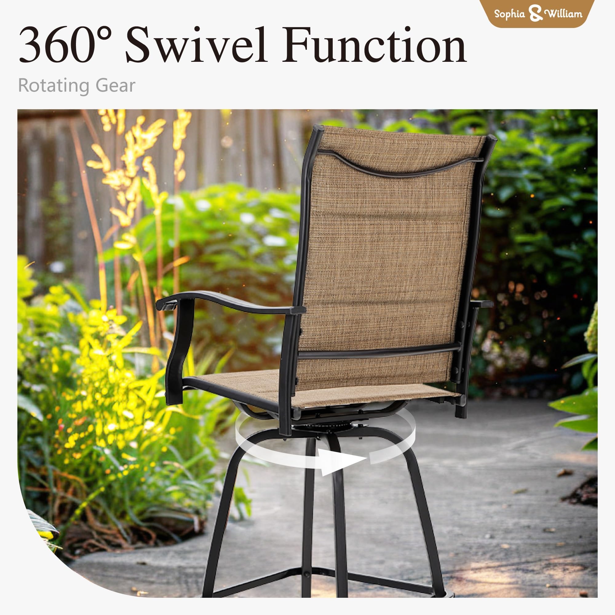 Sophia & William Outdoor Bar Stools Set of 4 with Padding, Swivel Bar Chairs, Tall Patio Chairs, Outdoor High Top Chairs, Supports 300 lbs (Brown Fabric)