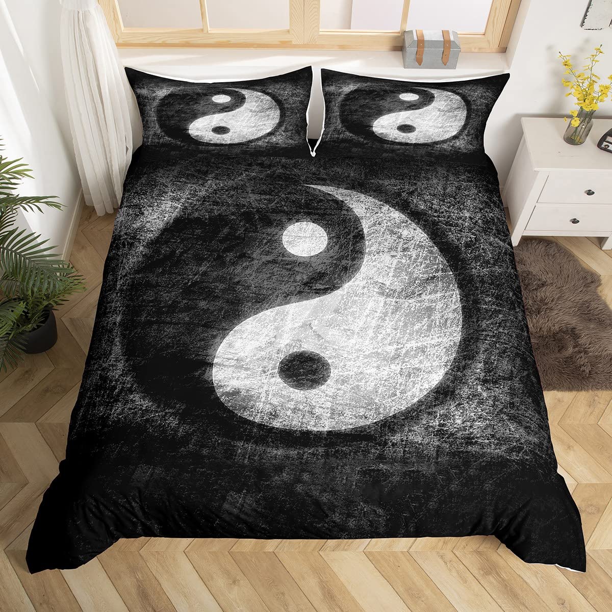 Yin Yang Bedding Set for Girls Boys Boho Trippy Psychedelic Art Comforter Cover Decorative Gossip Pattern Duvet Cover Traditional Ying Yang Theme Bed Set King Size 3Pcs Bedclothes (No Comforter)