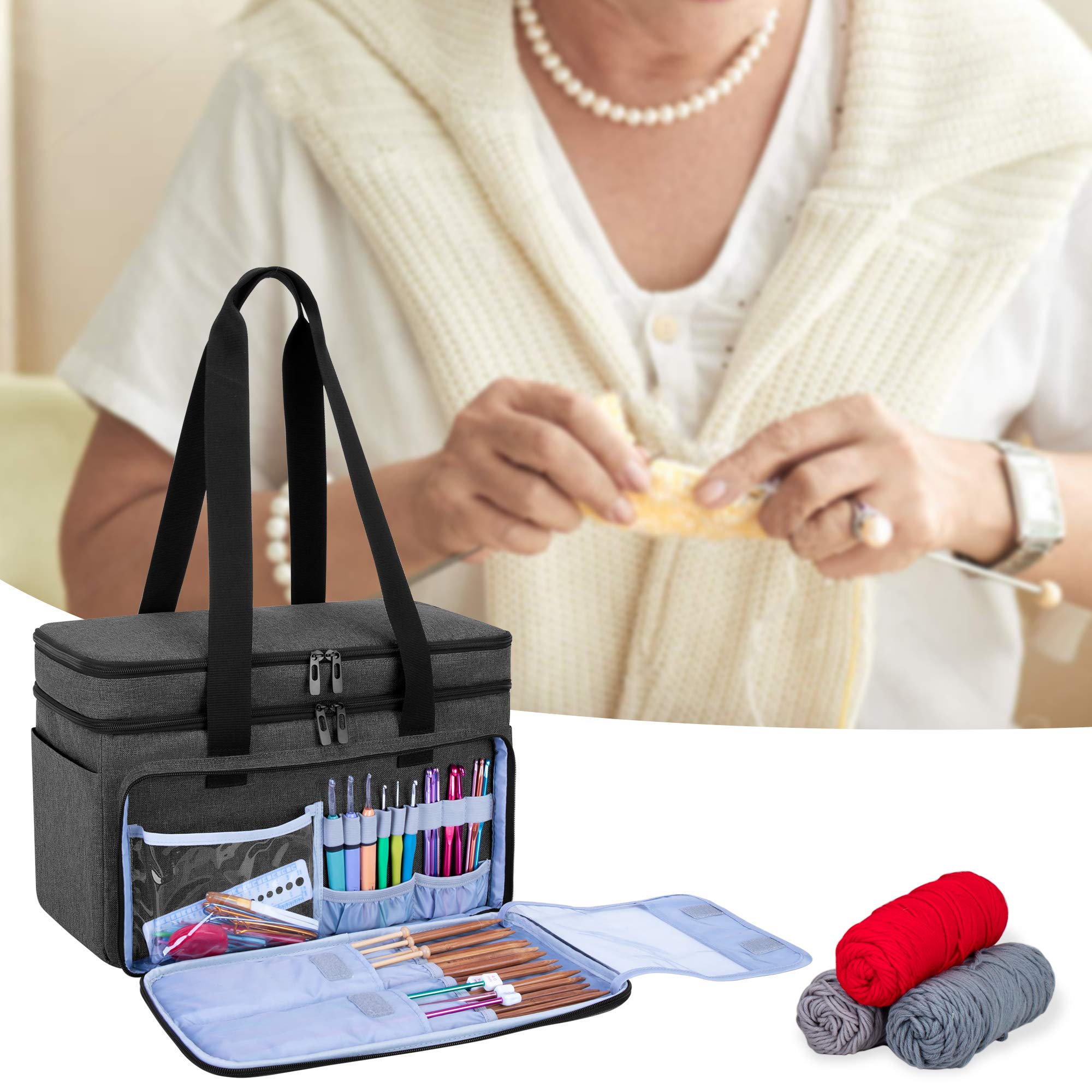 CURMIO Double-Layer Knitting Tote Bag, Yarn Storage Bag with Compartments for Crochet Hooks, Knitting Needles (Up to 14 Inches), Knitting Project and Accessories, Black (Bag Only, Patented Design)