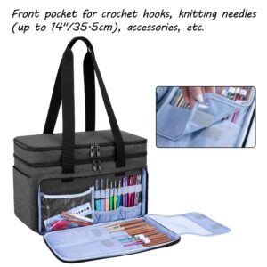 CURMIO Double-Layer Knitting Tote Bag, Yarn Storage Bag with Compartments for Crochet Hooks, Knitting Needles (Up to 14 Inches), Knitting Project and Accessories, Black (Bag Only, Patented Design)