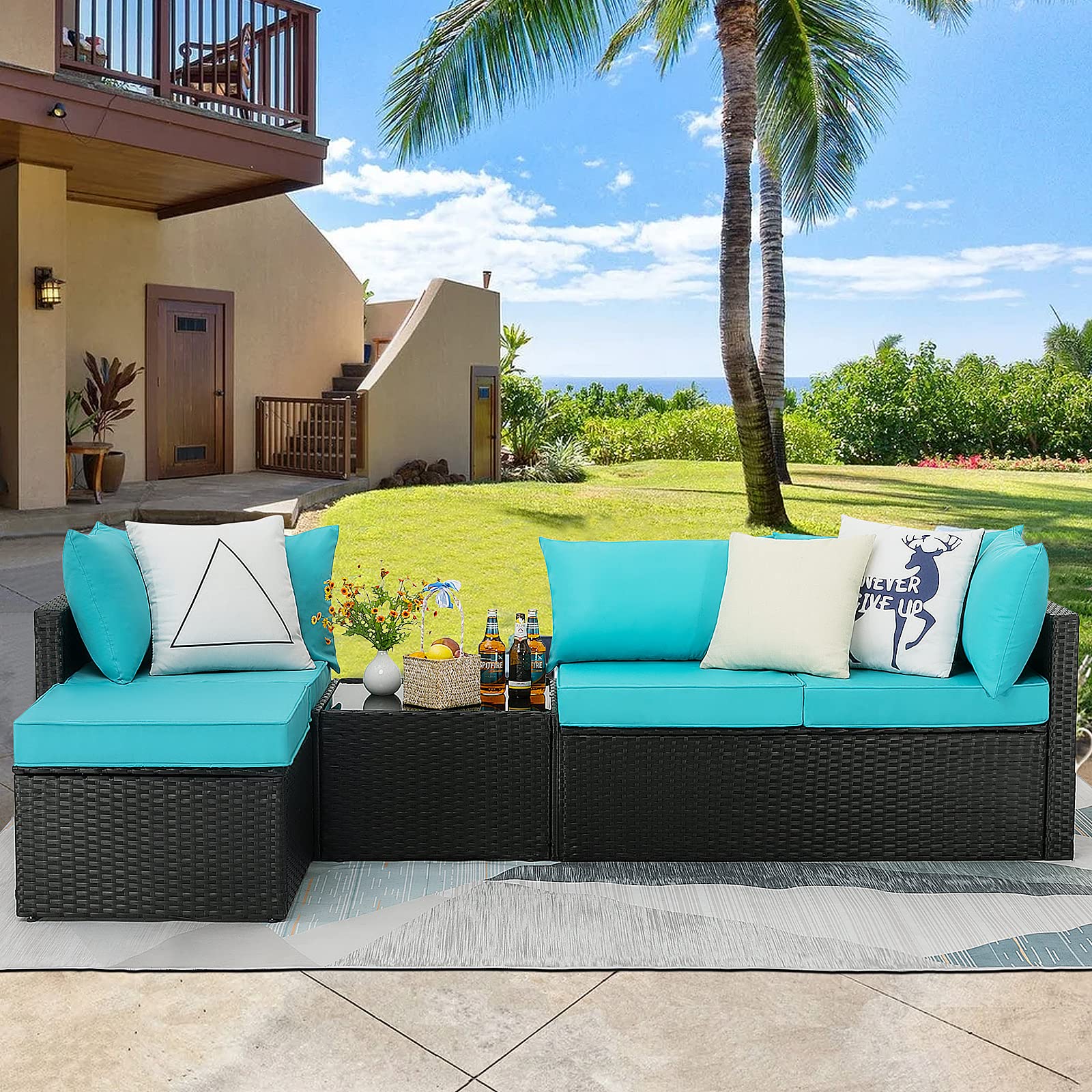 PRETZI 5 Pieces Patio Furniture Sets, Outdoor Sectional Sofa, All Weather Rattan Wicker Couch with Glass Table, Patio Conversation Set for Porch Backyard Garden Pool Deck Balcony