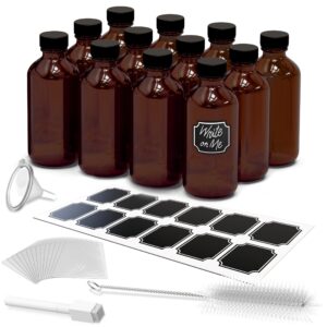 nevlers 12pk 8 oz glass bottles with caps |leakproof amber glass bottle set with shrink wrap, funnel, brush & bonus labels| dark glass bottles for oil | vanilla extract bottles | glass medicine bottle