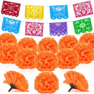 willbond 74 pieces faux marigold flower mexican banners mexican party decoration plastic papel picado banner day of the dead decor for mexican party papel picado fiesta (orange)