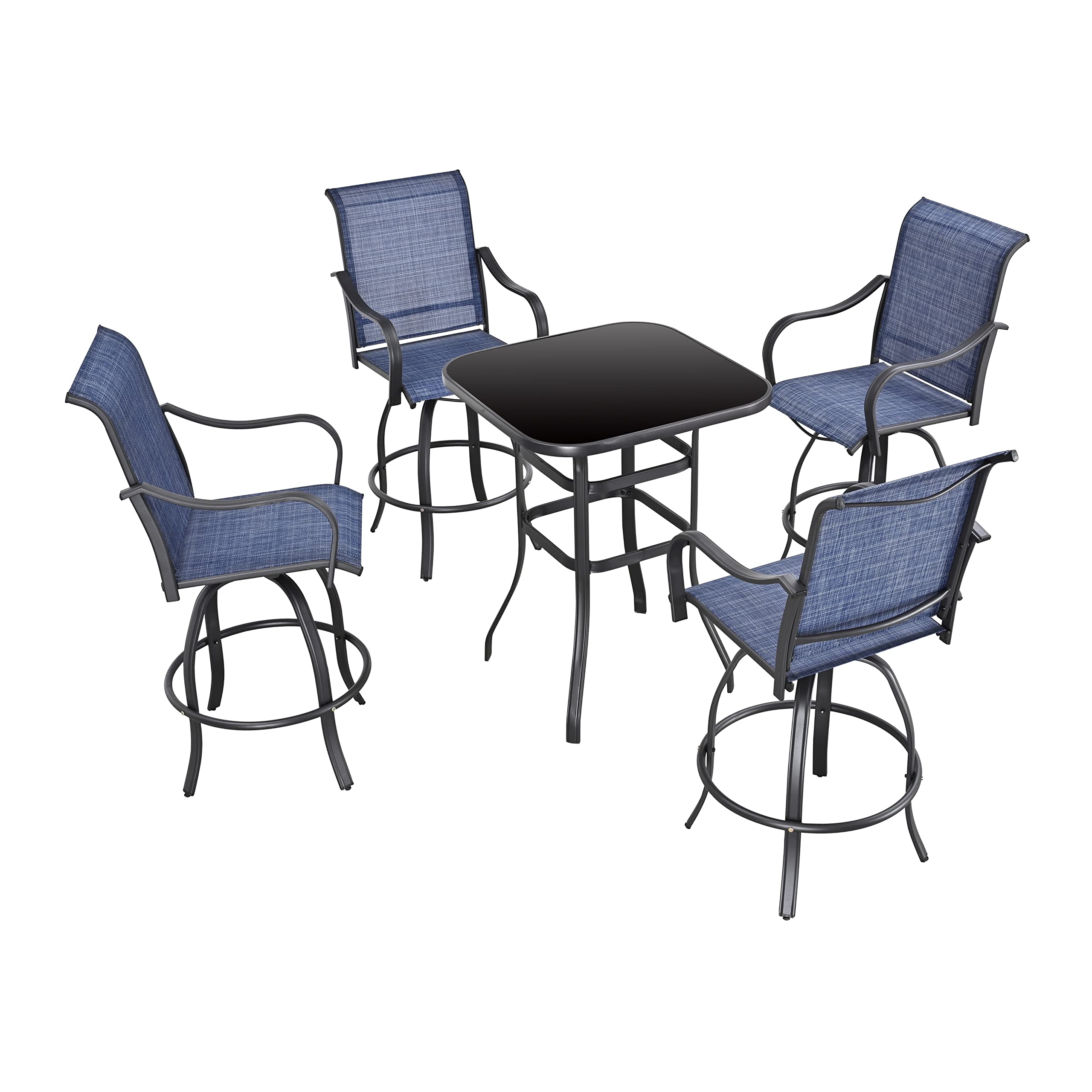 Festival Depot 5 Pcs Patio Bistro Set 360° Swivel Chairs and Bar Height Table with Tempered Glass Top Outdoor Furniture Dining Set (4 Chairs,1 Table) (Blue)