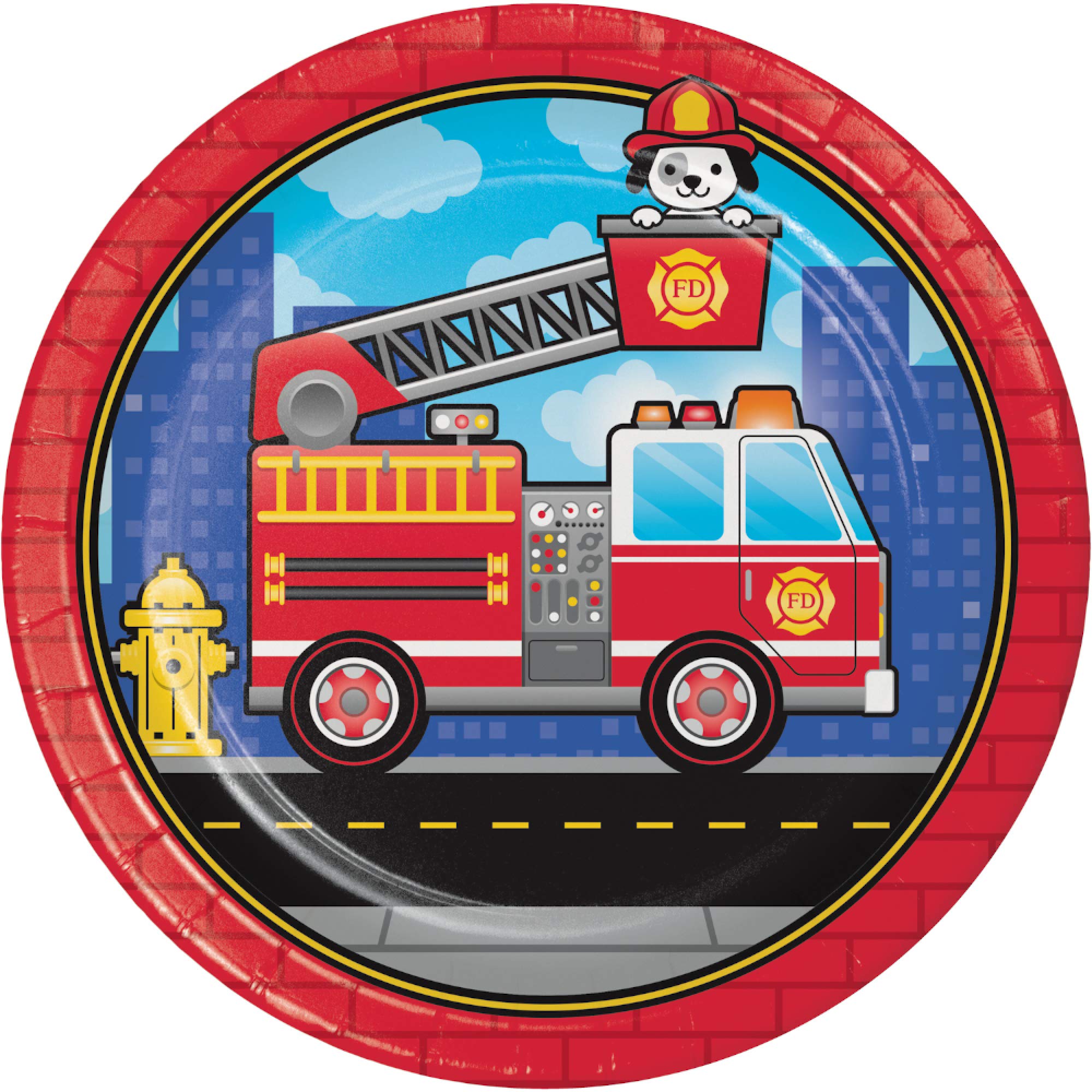 Fire Truck Birthday Party Supplies for 8 People | Bundle Includes Paper Plates and Napkins | Flaming Fire Truck Design