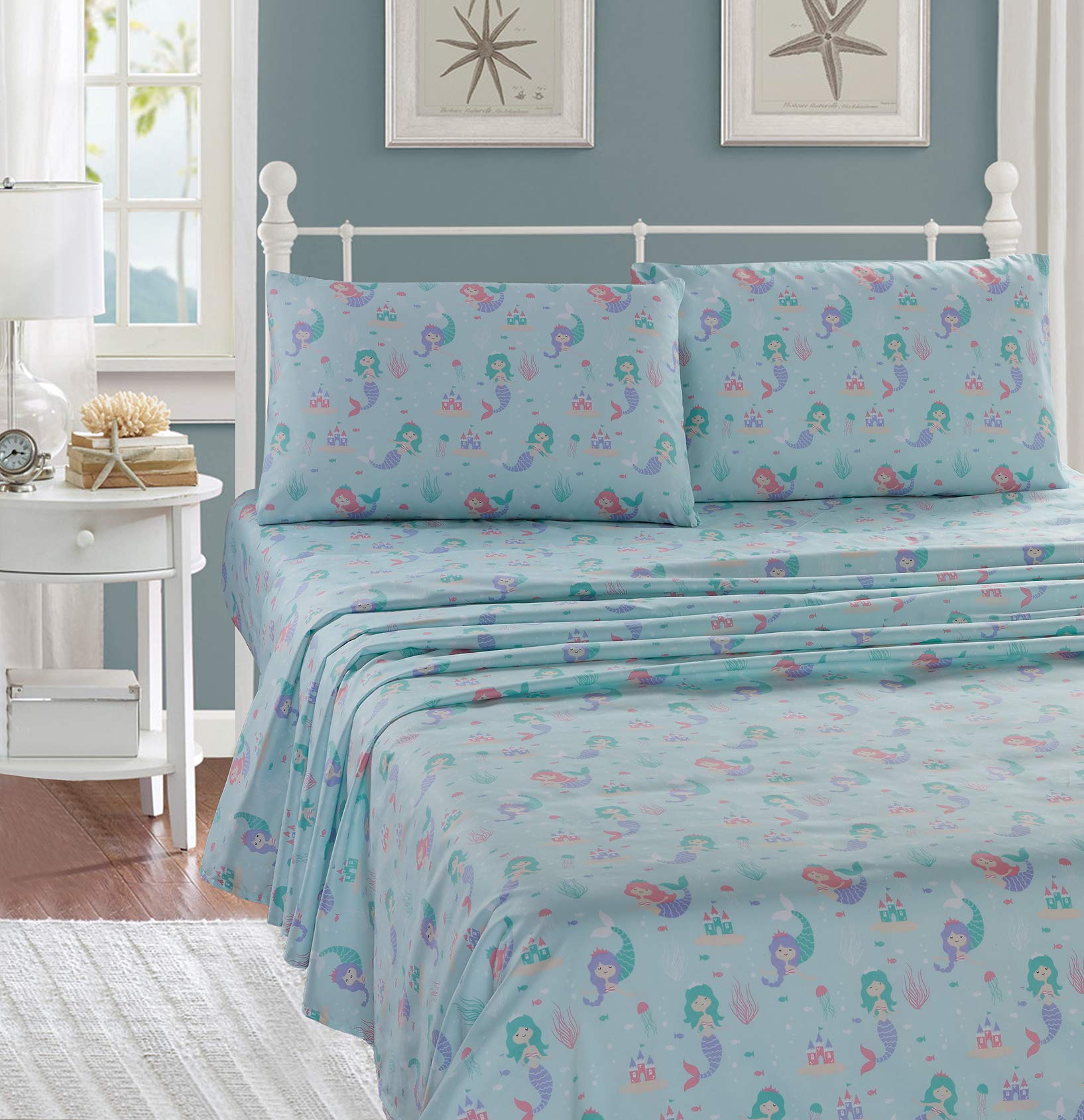 Linen Plus Sheet Set Kids/Teens Mermaids Underwater Castle Jellyfishes Aqua Pink Lavender Purple # Aqua Mermaid (Twin)